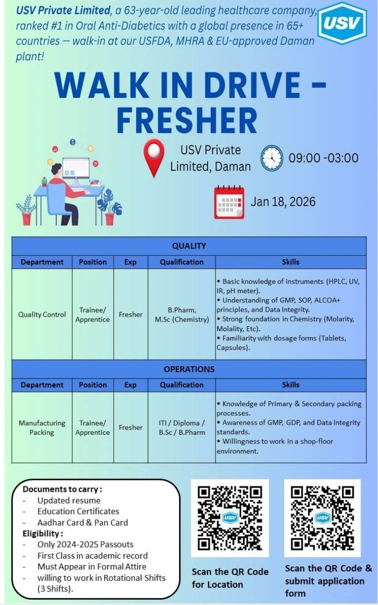 Fresher Walk-in Interviews in Daman: B.Pharm, M.Sc, ITI, Diploma | USV ...