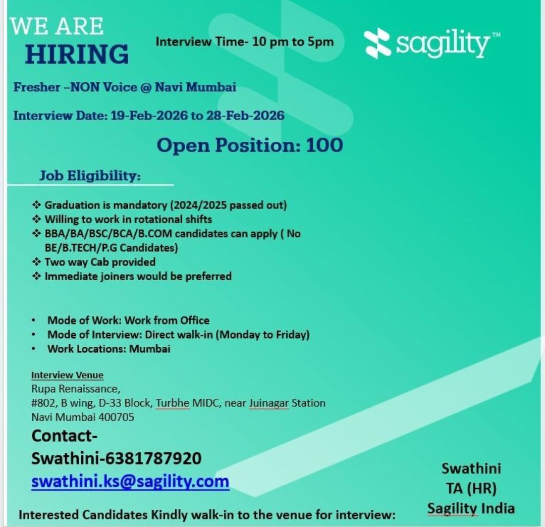 Non-Voice Fresher Jobs in Navi Mumbai | Sagility Walk-in Drive (19th ...