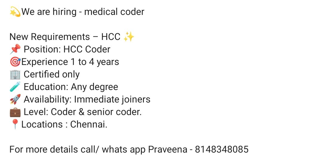 Urgent Opening for Certified HCC Coder - Chennai (Immediate Joiners ...