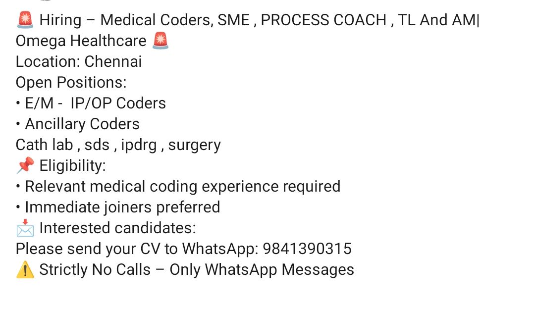 Medical Coding Jobs in Chennai | Omega Healthcare Hiring E/M IP/OP ...